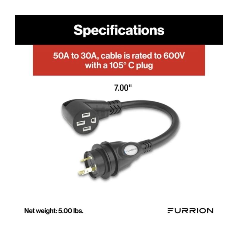 Furrion Pigtail Adapter - 50A Connector to 30A Plug, Black FP5230R-SB